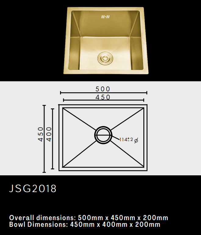 Single Bowl Sink 500x450mm Gold JSG2018 - Jerry Kitchen & Bath Ltd